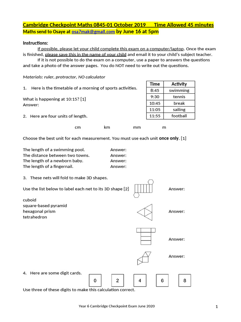 Year 6 Cambridge Maths Checkpoint 2019 | PDF | Area