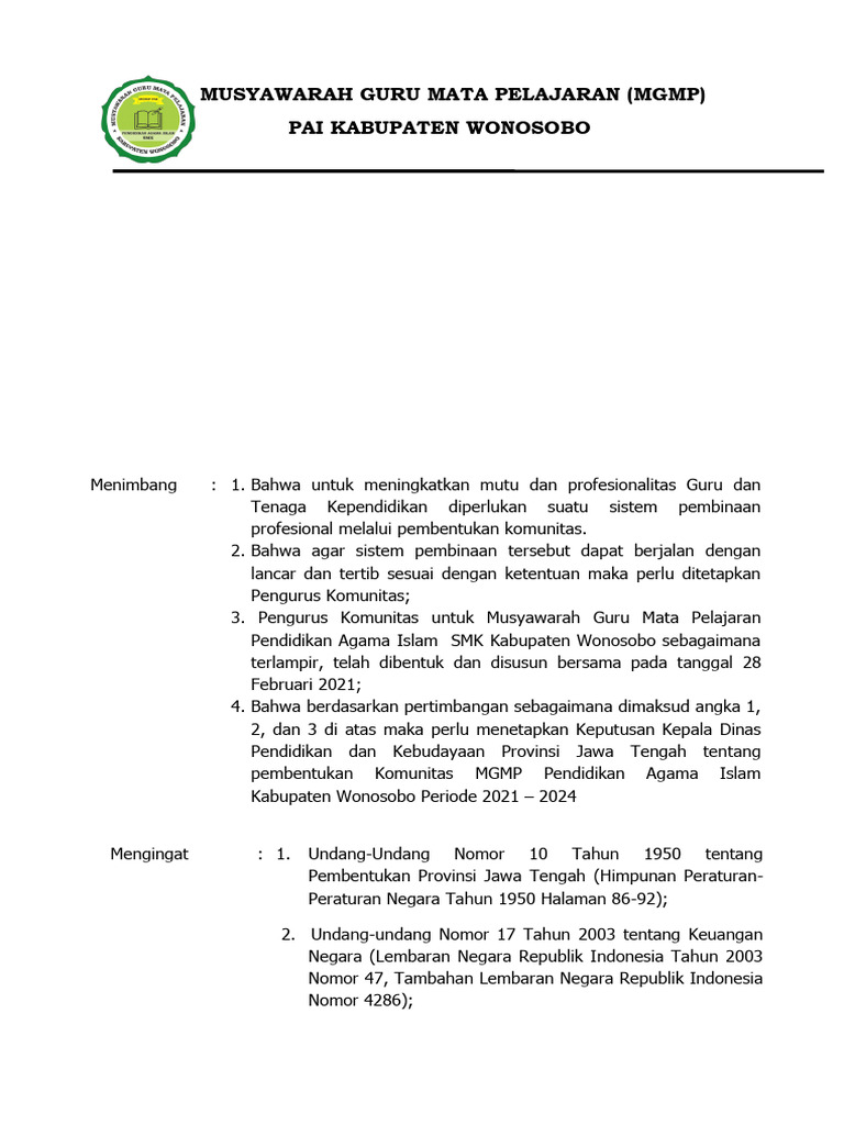 SK Pengurus MGMP PAI 2024-2029 Intern | PDF