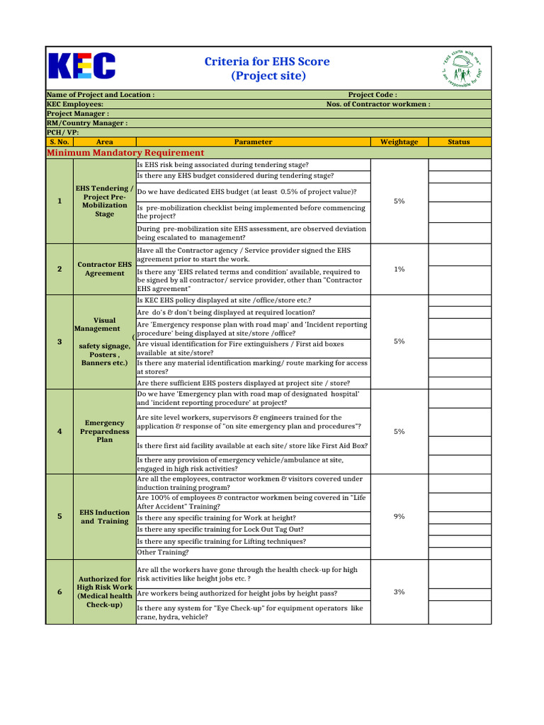 Criteria For EHS SCORE KRA - Project | PDF | Emergency Management | Safety