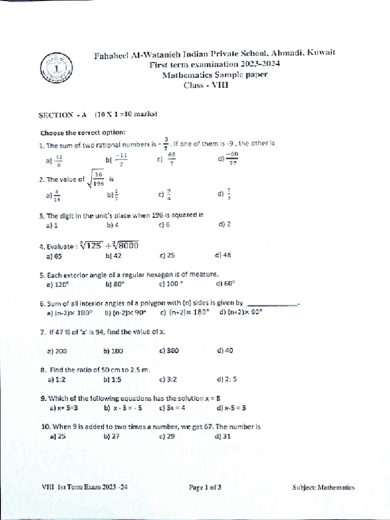 CL 8 Sample Paper Term 1 | PDF