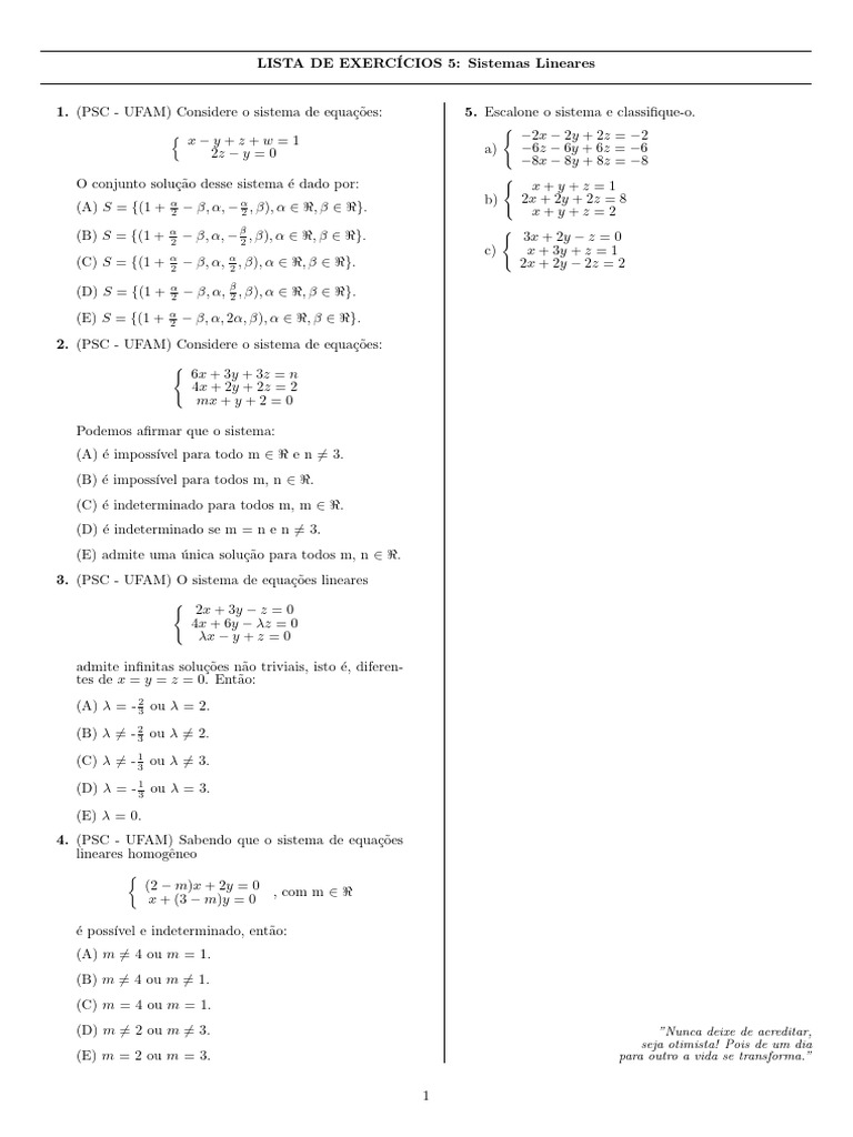 LISTA DE EXERCÍCIOS - SISTEMAS LINEARES | PDF | Matemática | Objetos matemáticos