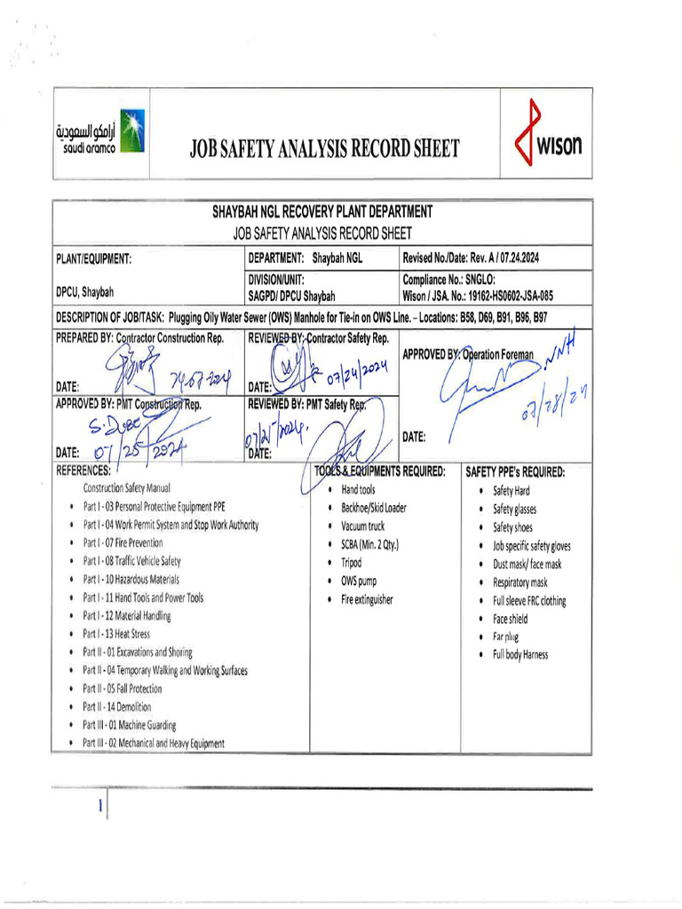 19162-HS0602-JSA-085 - Plugging Oily Water Sewer (OWS) Manhole For Tie ...