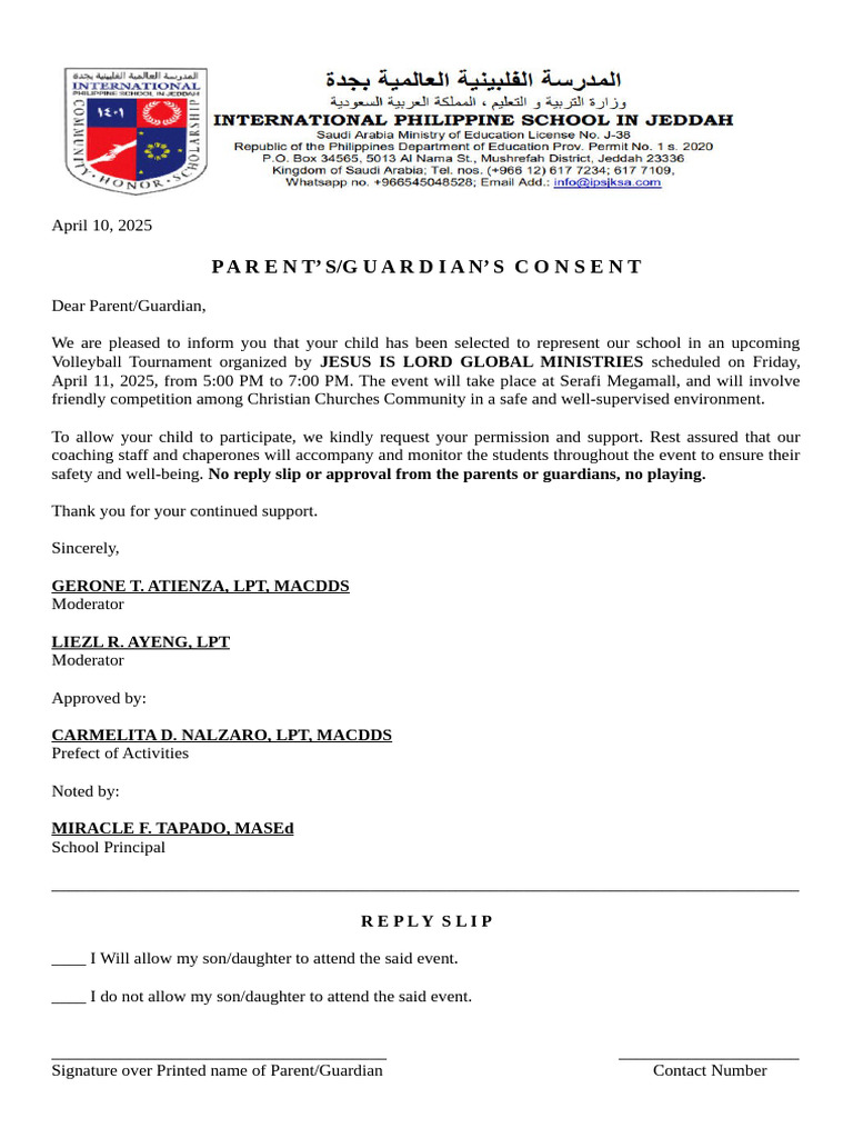 Volleyball Varsity-Consent Letter | PDF
