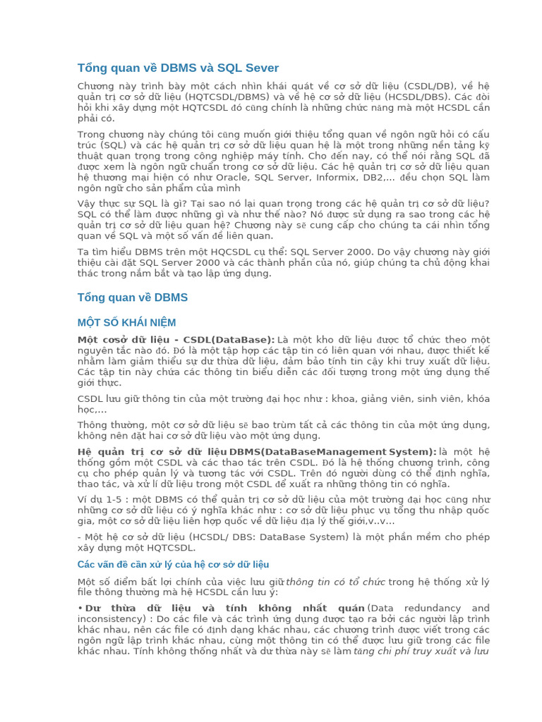 Tổng quan về DBMS và SQL Sever | PDF