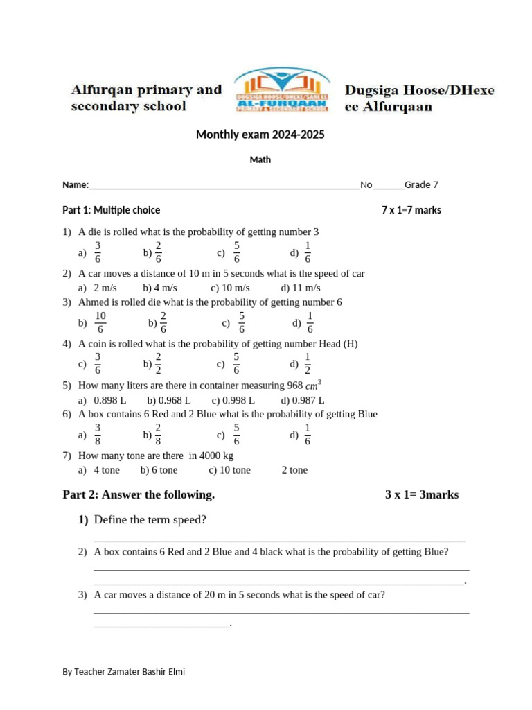 Grade 7 Math Exam by Zamater | PDF
