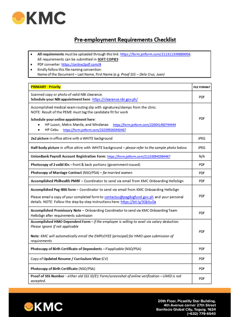 Pre Employment Requirements Checklist 2024 | PDF