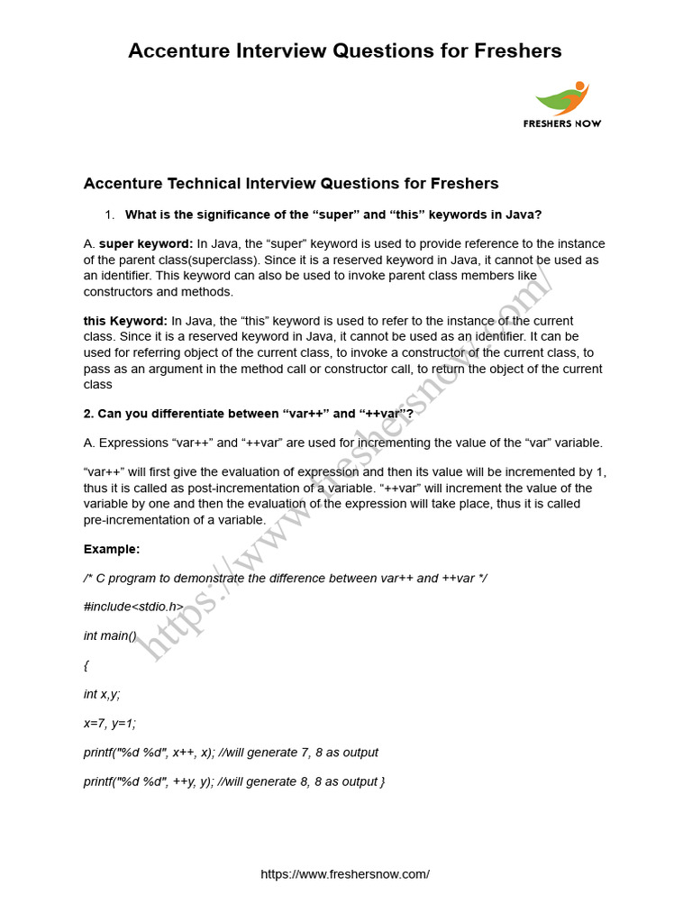 Accenture Interview Q A For Freshers | PDF | Class (Computer Programming) | Constructor (Object ...