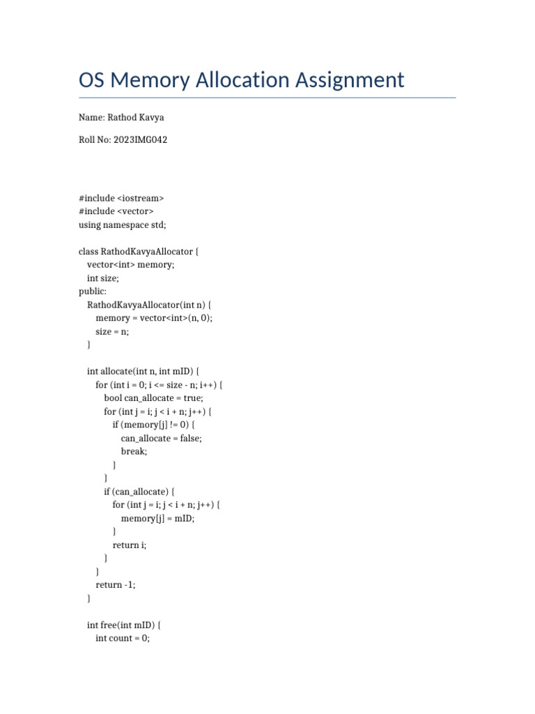 OS Memory Allocation Rathod Kavya | PDF | Computer Programming | C++