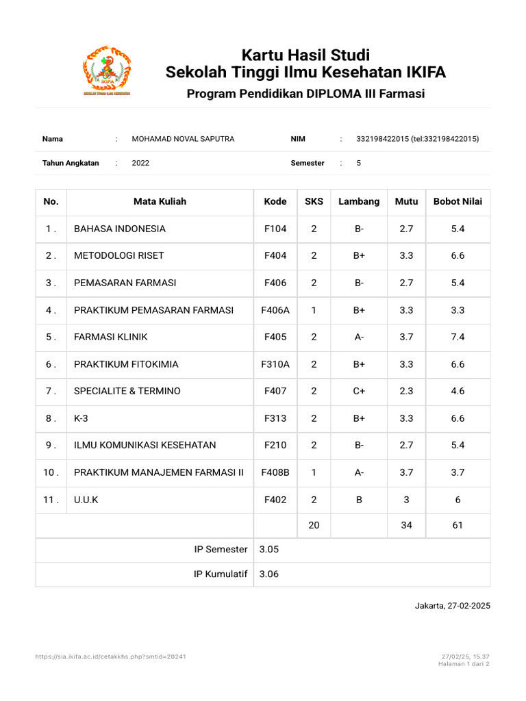 Cetak KHS - SIA AKFAR IKIFA | PDF