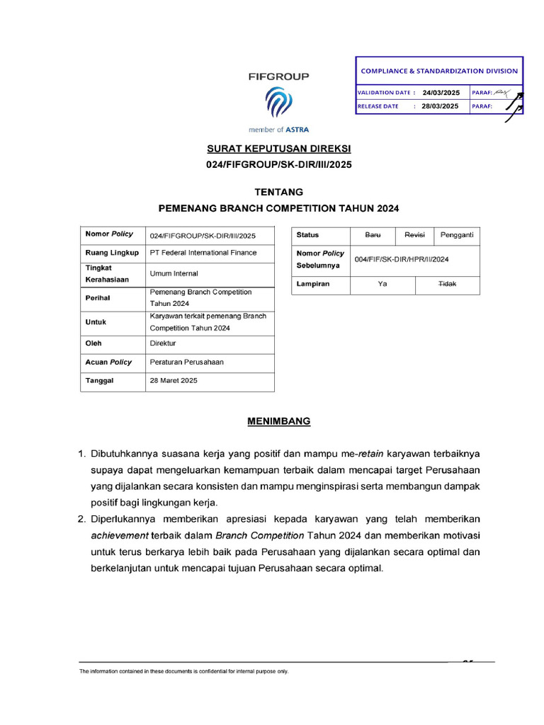 Surat Keputusan Direksi FIFGROUP | PDF