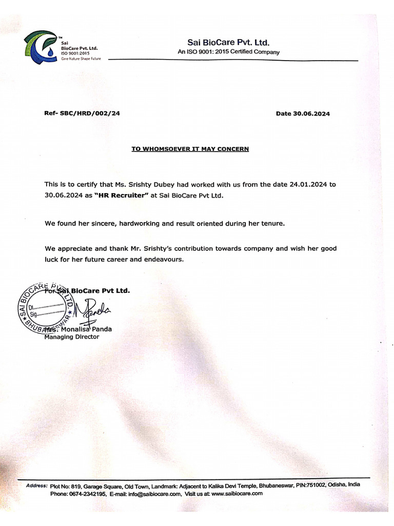 Experience Letter SBC | PDF