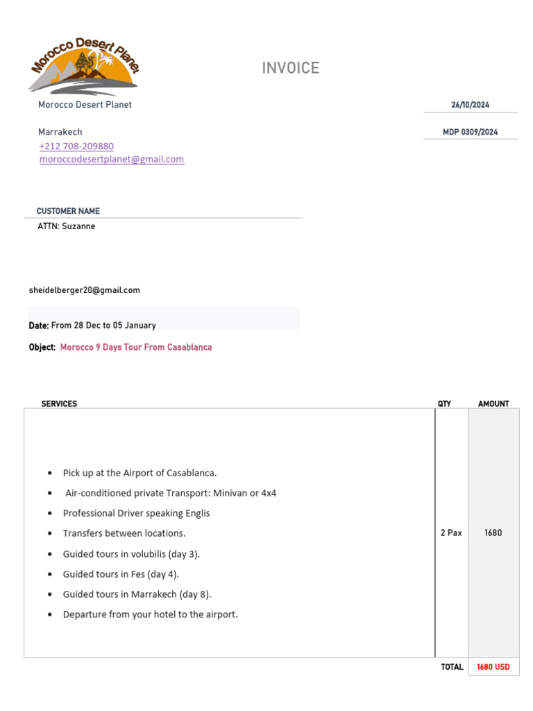 Morocco 9-Day Tour Invoice | PDF