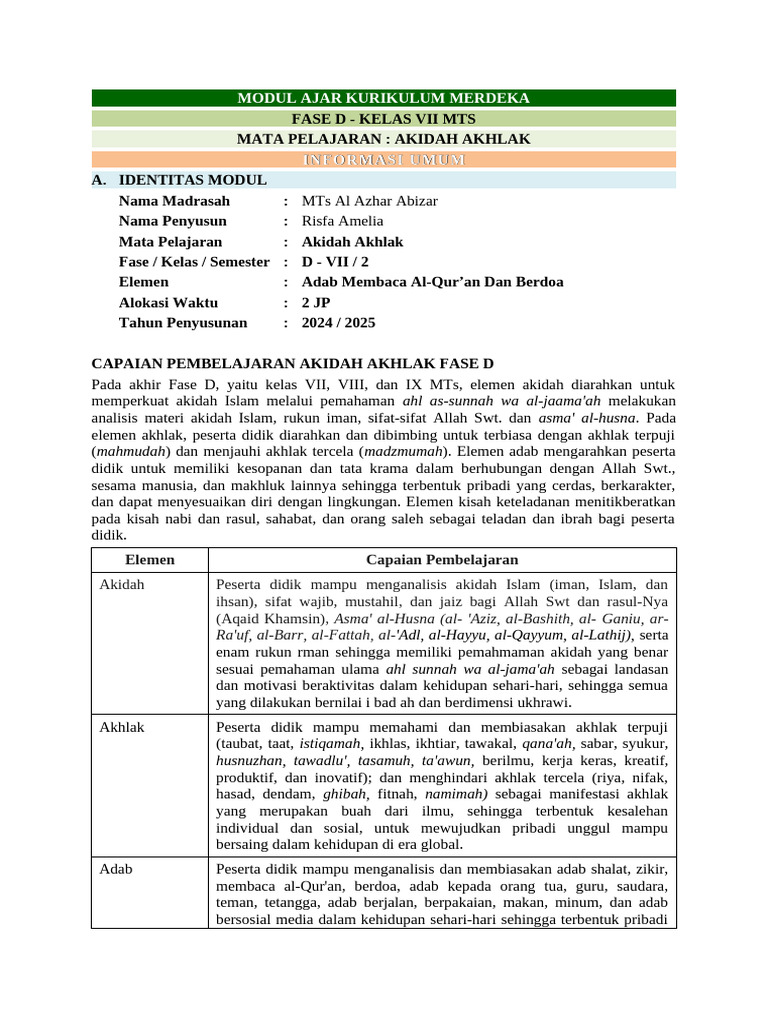 Modul Ajar Akidah Akhlak Kelas 7 Bab 9 | PDF