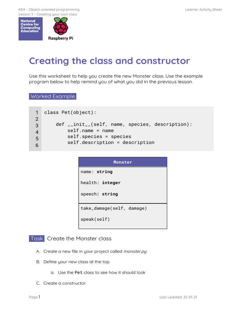 Worksheet - Creating the class and constructor - OOP | PDF