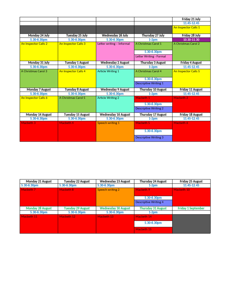 Nakki's Summer English Timetable 2 | PDF