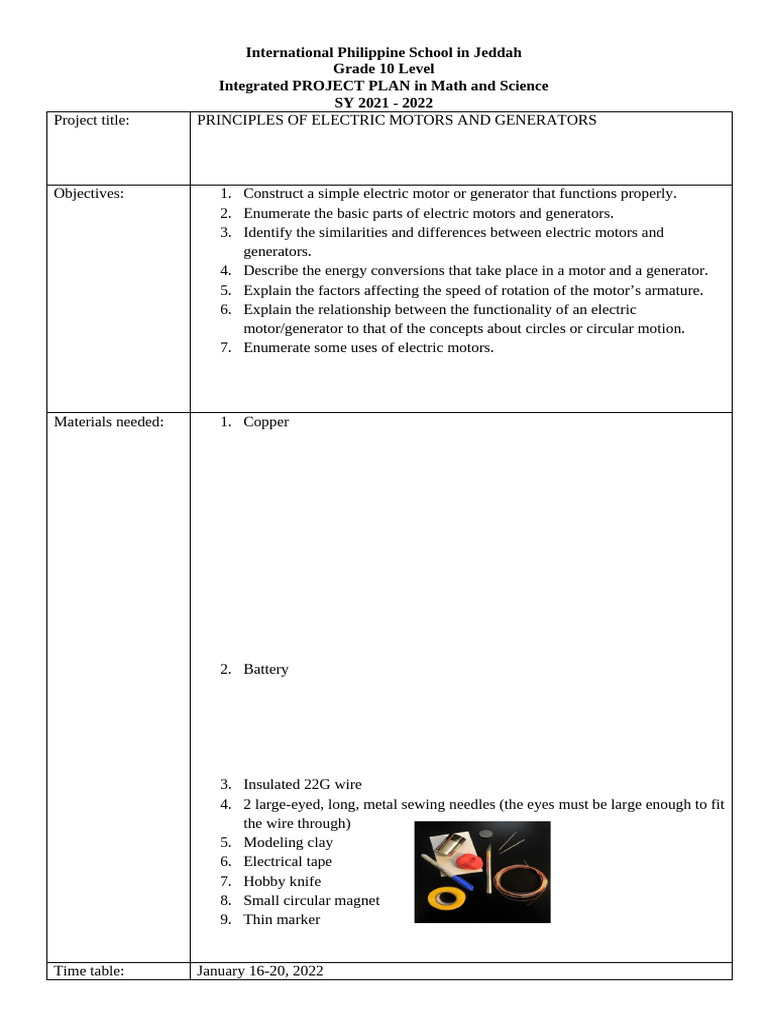 Grade 10 Project Plan 2021 2022 | PDF | Electric Generator | Electric Motor