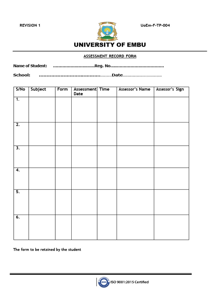 Assesment Record Form | PDF