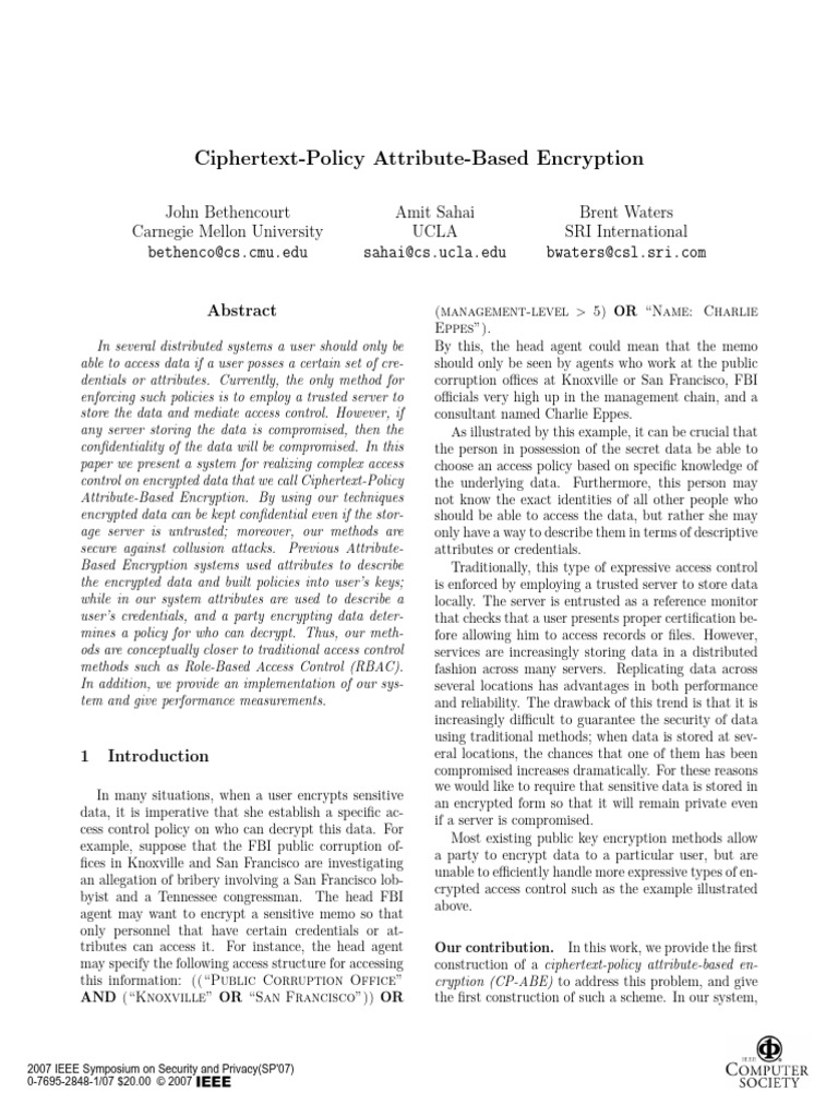 Ciphertext-Policy Attribute-Based Encryption | PDF | Encryption | Public Key Cryptography