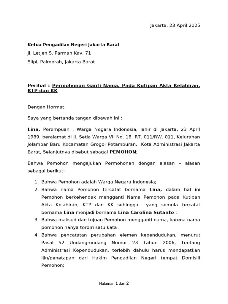 Permohonan Ganti Nama Lina Carolina | PDF