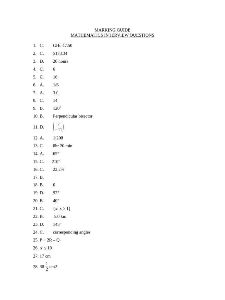 Marking Guide Interview Math Questions | PDF