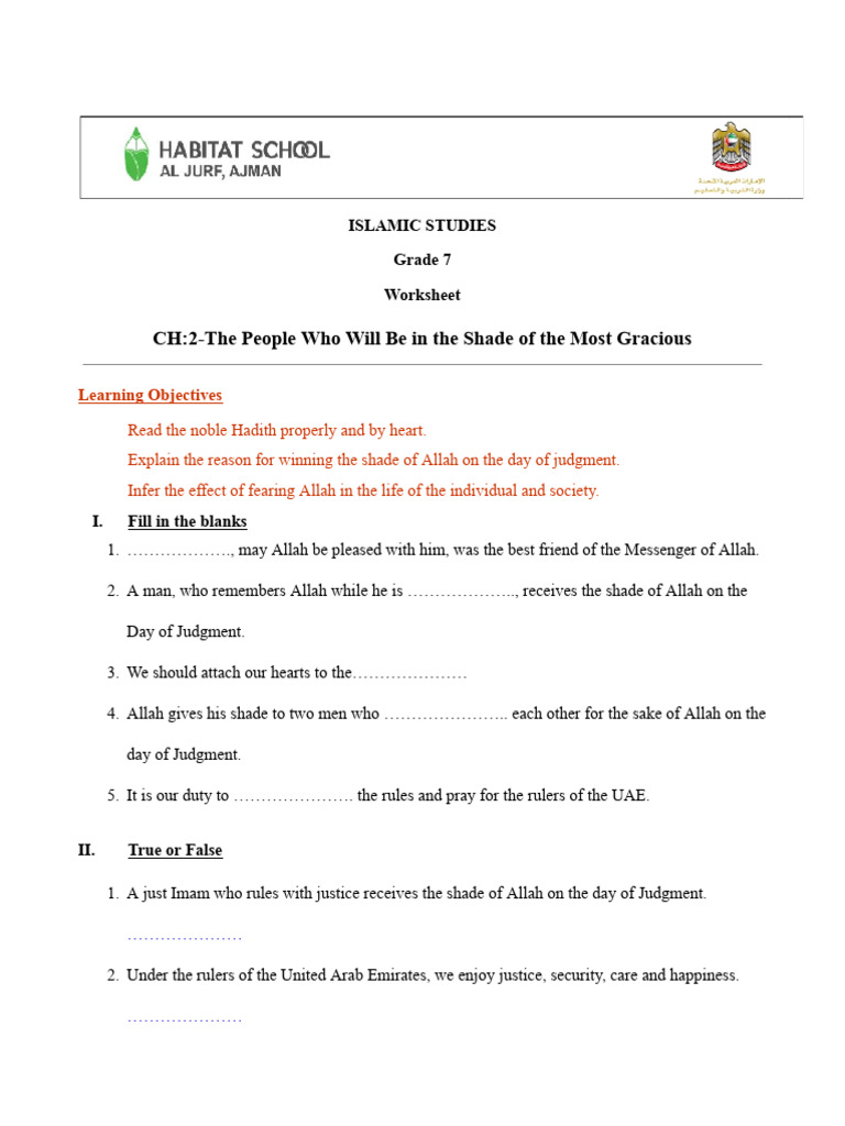 Grade 7 Islamic Studies Worksheet | PDF | Abrahamic Religions ...