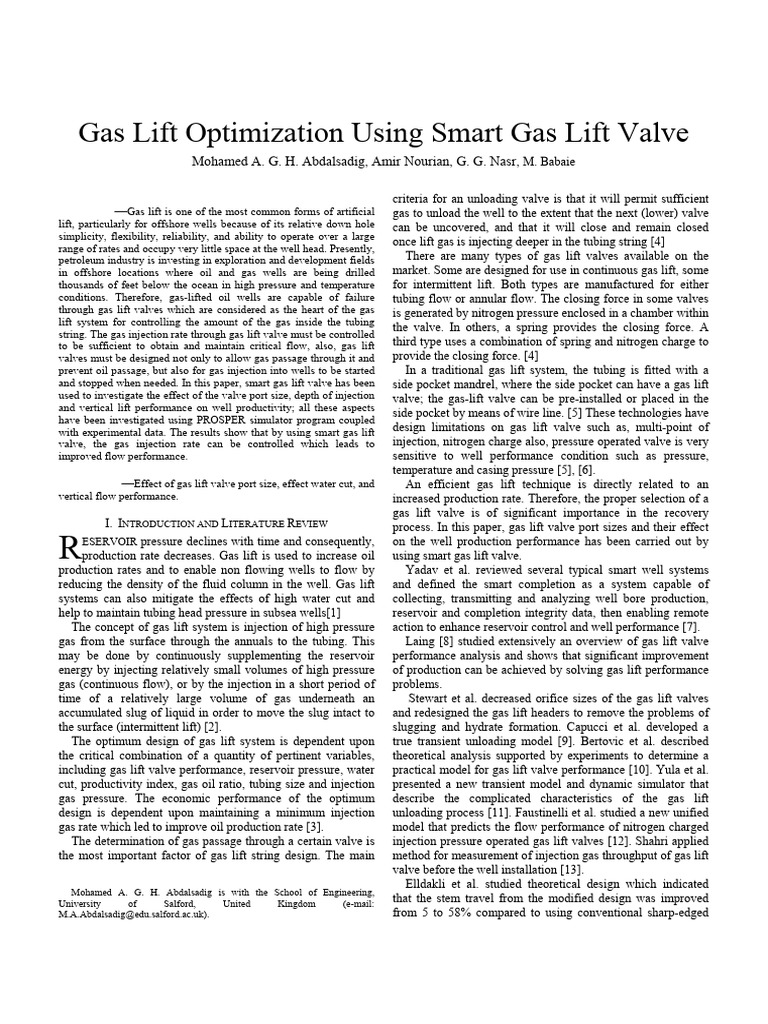 Gas Lift Optimization Using Smart Gas Lift Valve | PDF | Pressure | Gases