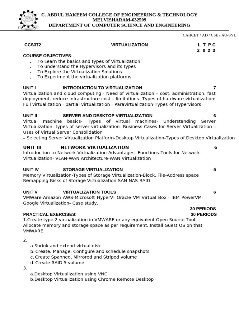 CCS372 Virtualization Course Syllabus | PDF | Virtualization | Virtual ...