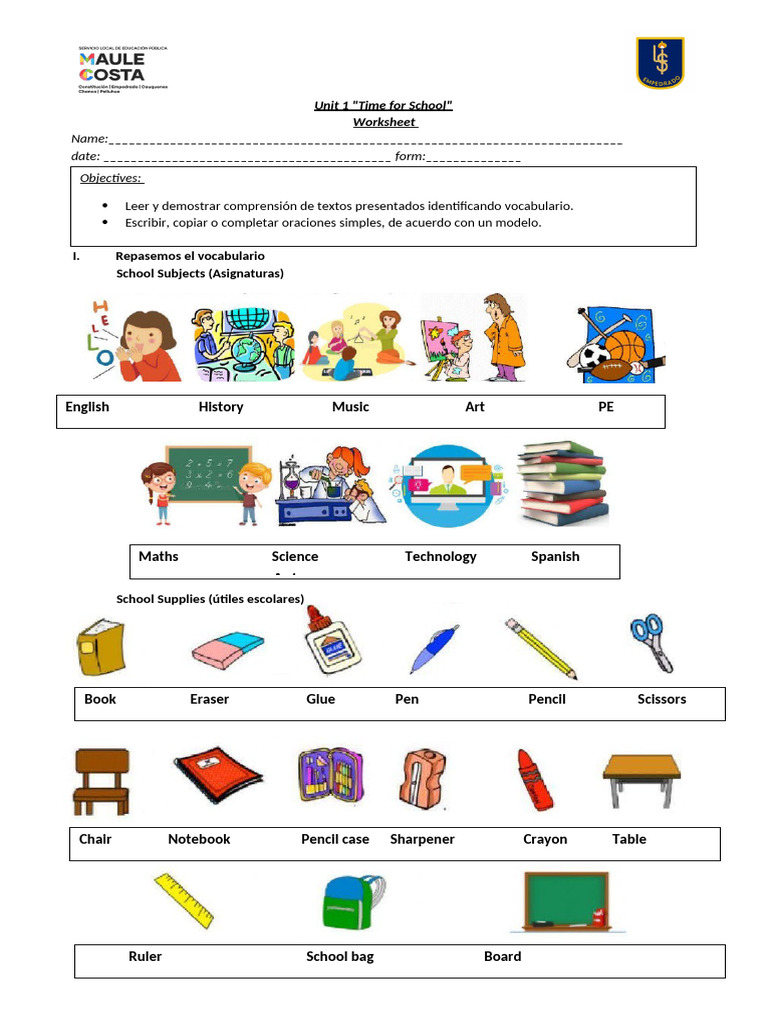 Vocabulario Escolar y Actividades | PDF