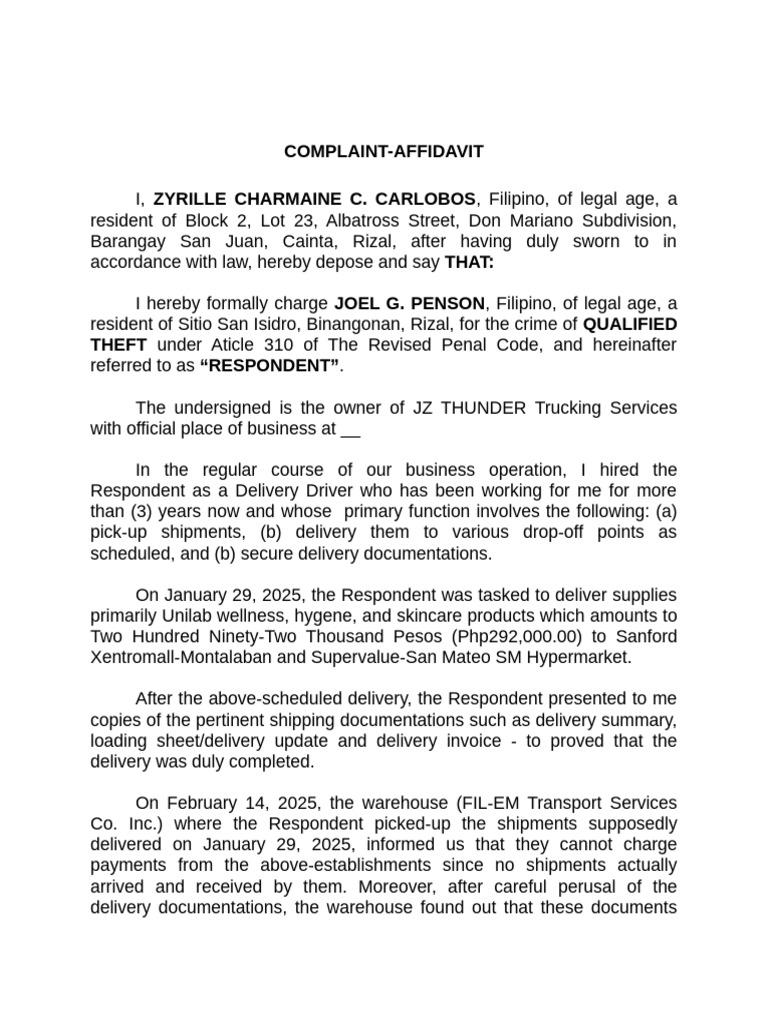 Qualified Theft Complaint Affidavit | PDF | Theft | Common Law