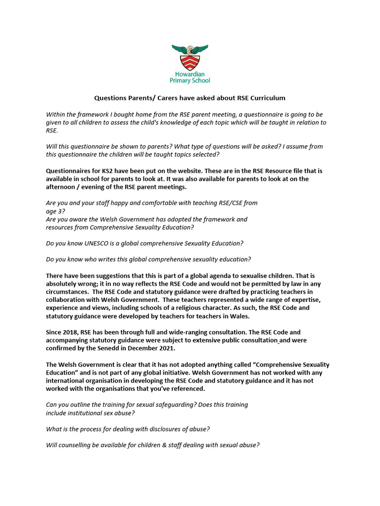 Rse Questions Howardian Primary | PDF | Teachers | Curriculum