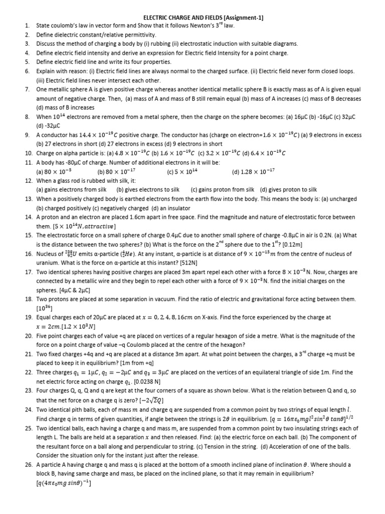 Electric Charges & Fields Assignment-1 | PDF | Electric Field | Electric Charge