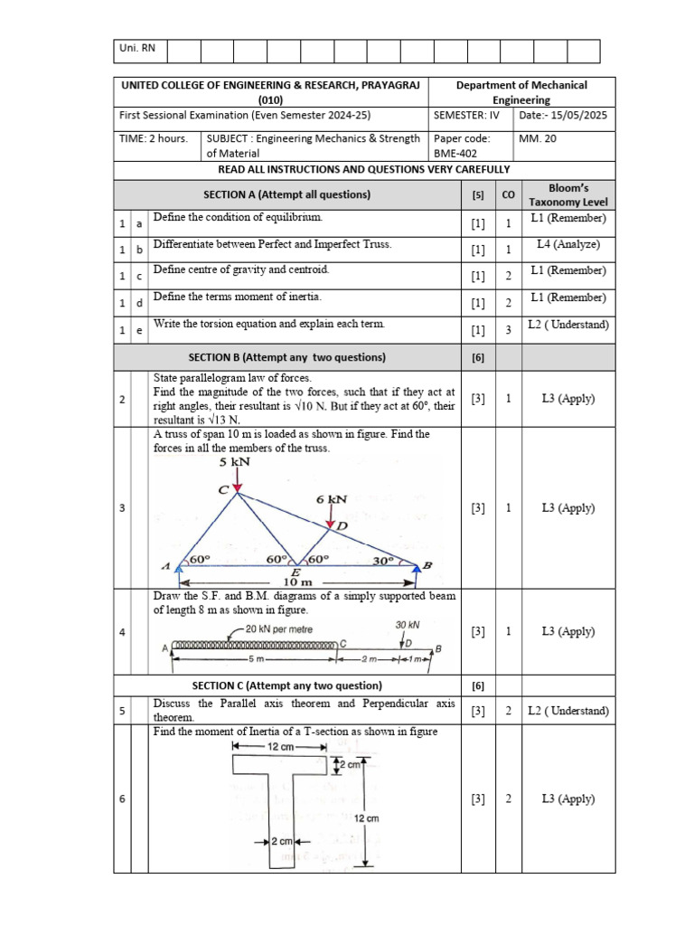 Engineering Mechanics Exam Paper 2025 | PDF | Force | Truss