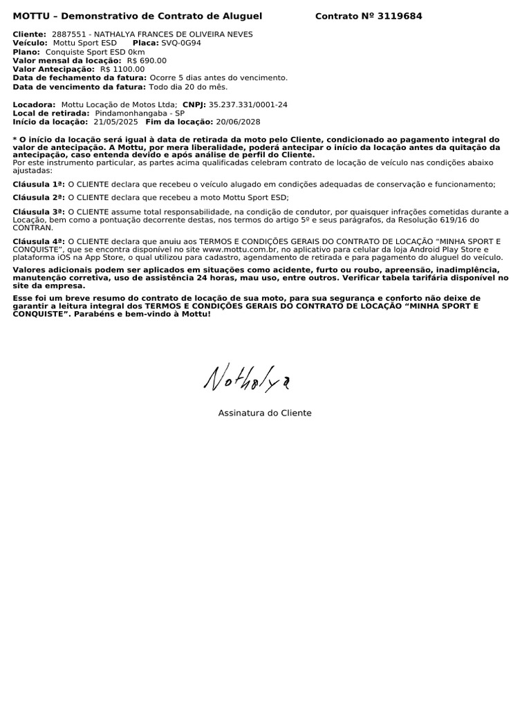 Mottu - Demonstrativo de Contrato - 3119684 | PDF