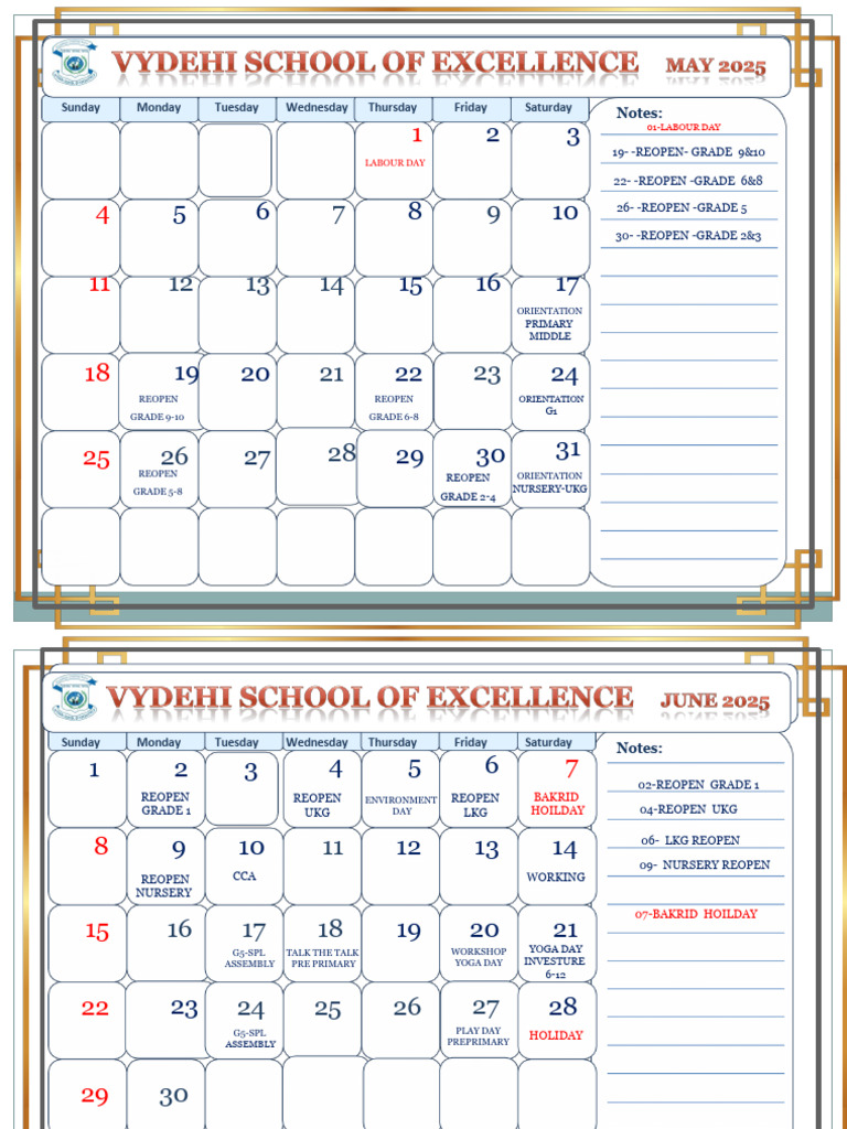 Vydehi School Academic Calendar 2025-26 | PDF | Holidays ...