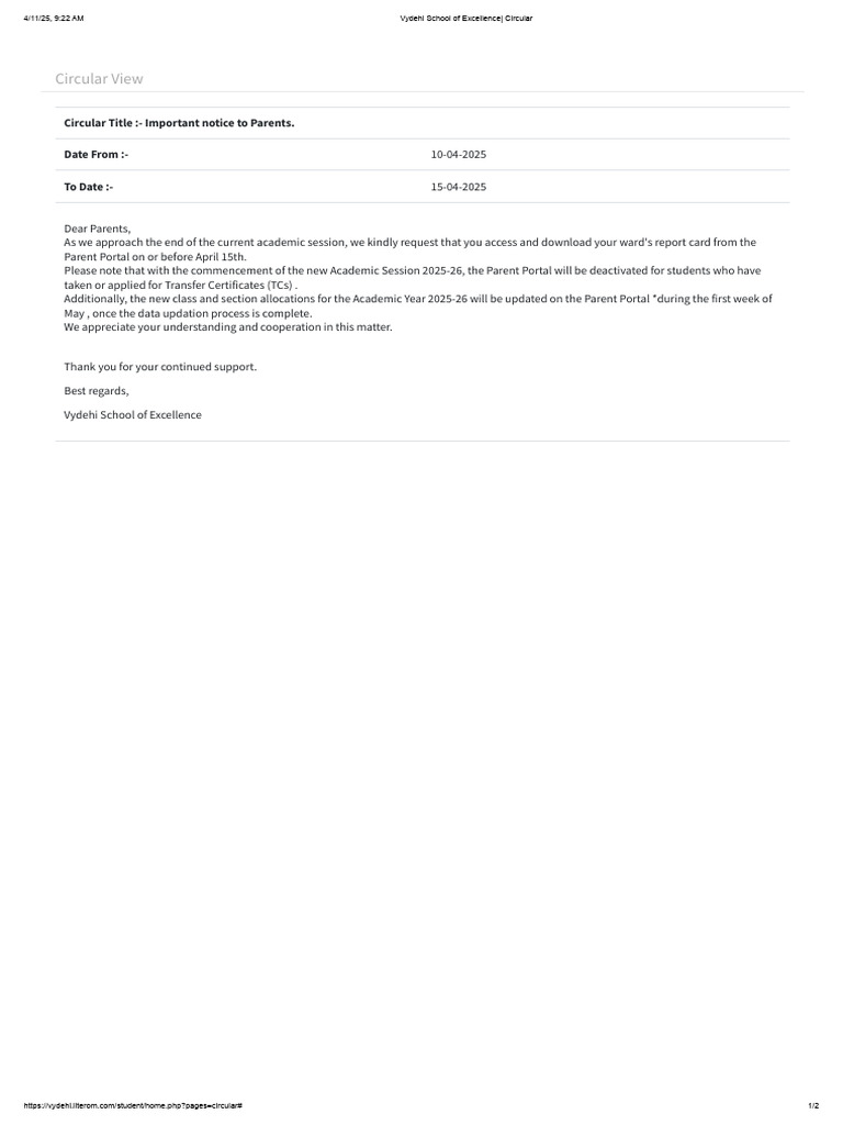 Important Notice To Parents-Vydehi School | PDF