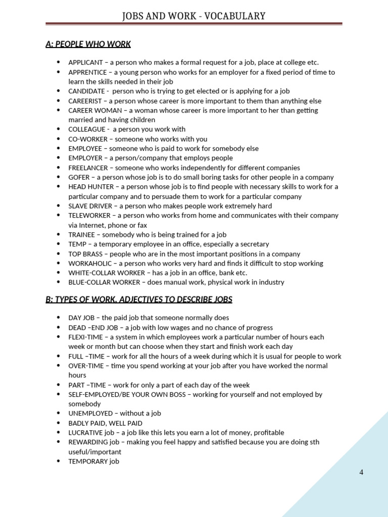 Job and Work Vocabulary | PDF | Employment | Employee Benefits
