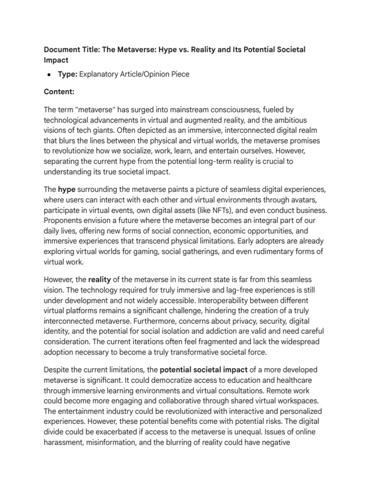 The Metaverse - Hype vs. Reality and Its Potential Societal Impact ...