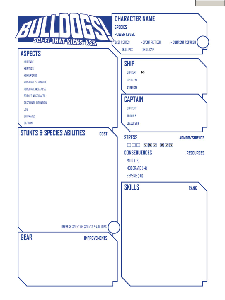 Bulldogs Character Sheet - Interactive | PDF