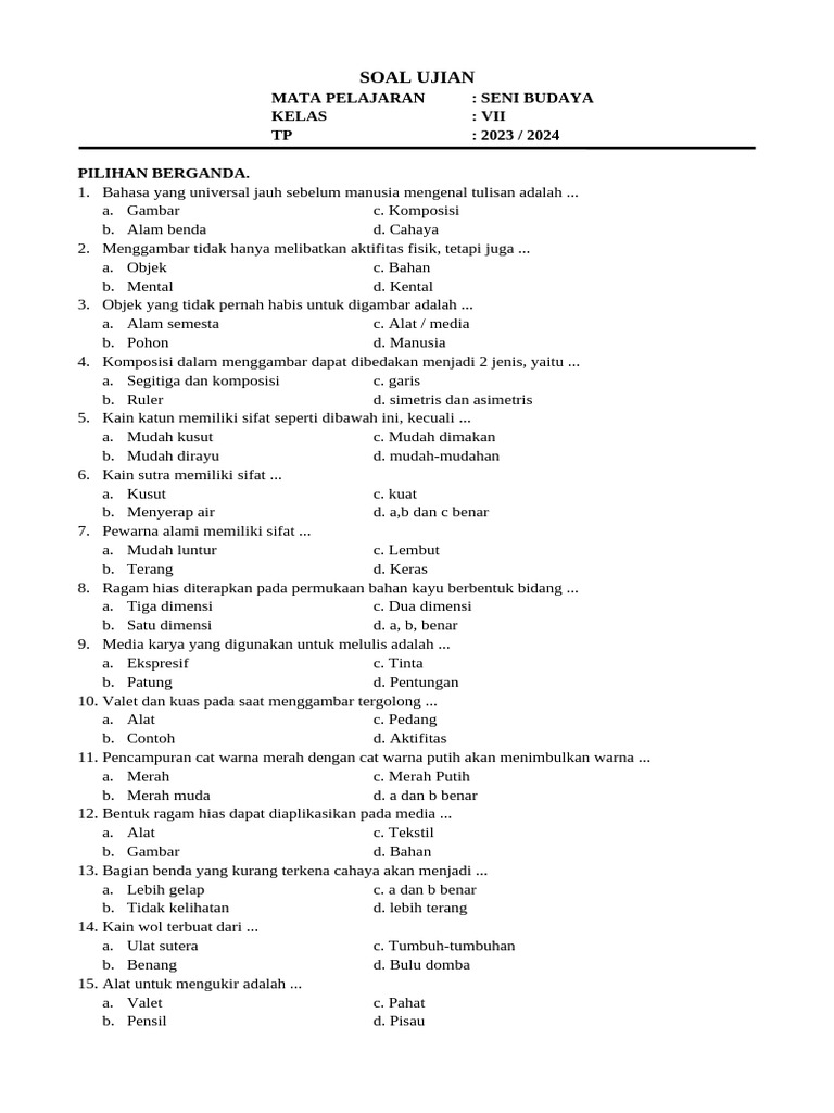 SOAL UJIAN MID SEMESTER KELAS VII TP 2023-2024 | PDF