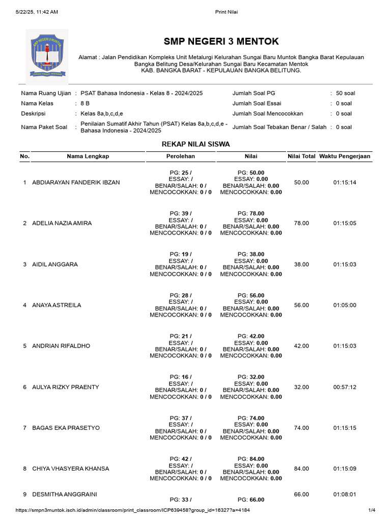 Print Nilai Bindo 8b | PDF