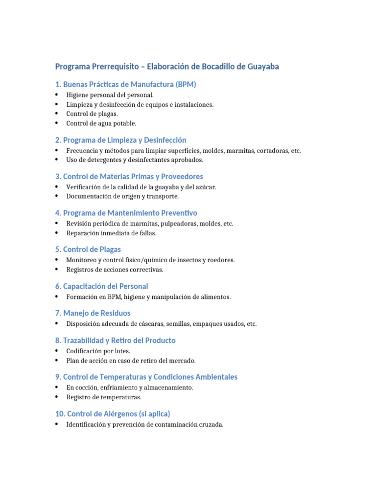 Programa Prerrequisito Bocadillo Guayaba | PDF