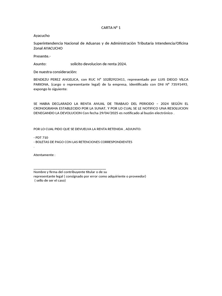 Carta SUNAT - RENTA DEVOLUCION | PDF