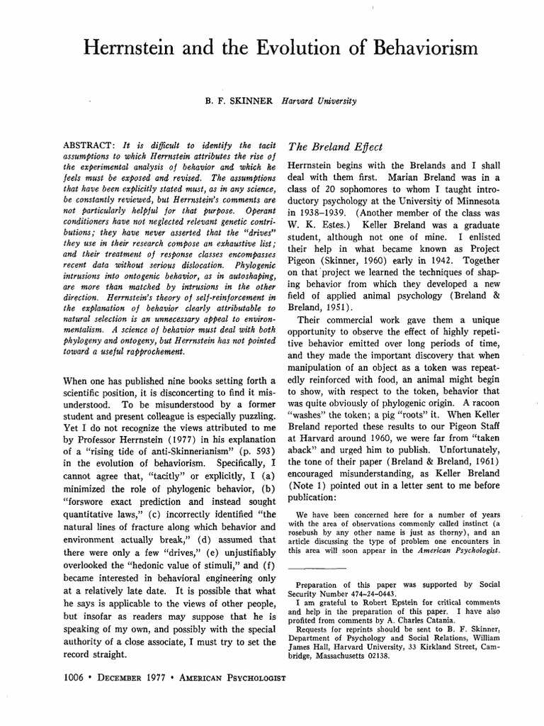 1977 Skinner - Herrnstein and The Evolution of Behaviorism | PDF ...