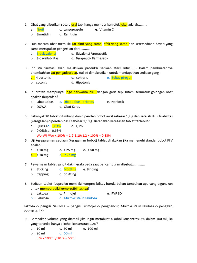 Soal Ujian Saring Apoteker Unjani 2017 (Pembahasan) | PDF