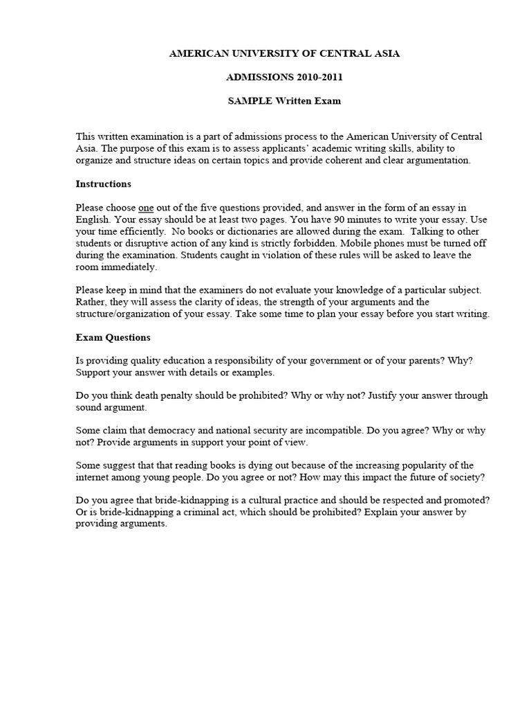 Admissions Exam Essay Samples | PDF