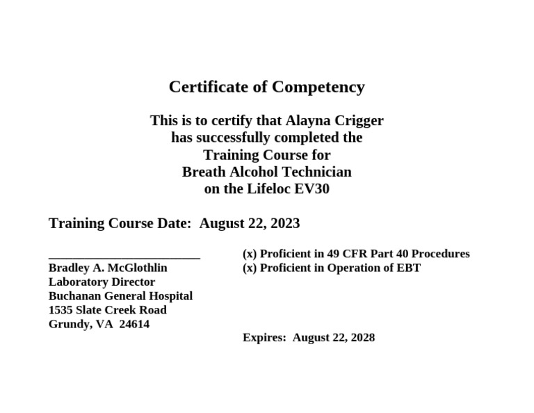 Certificate Breath Alcohol Training | PDF