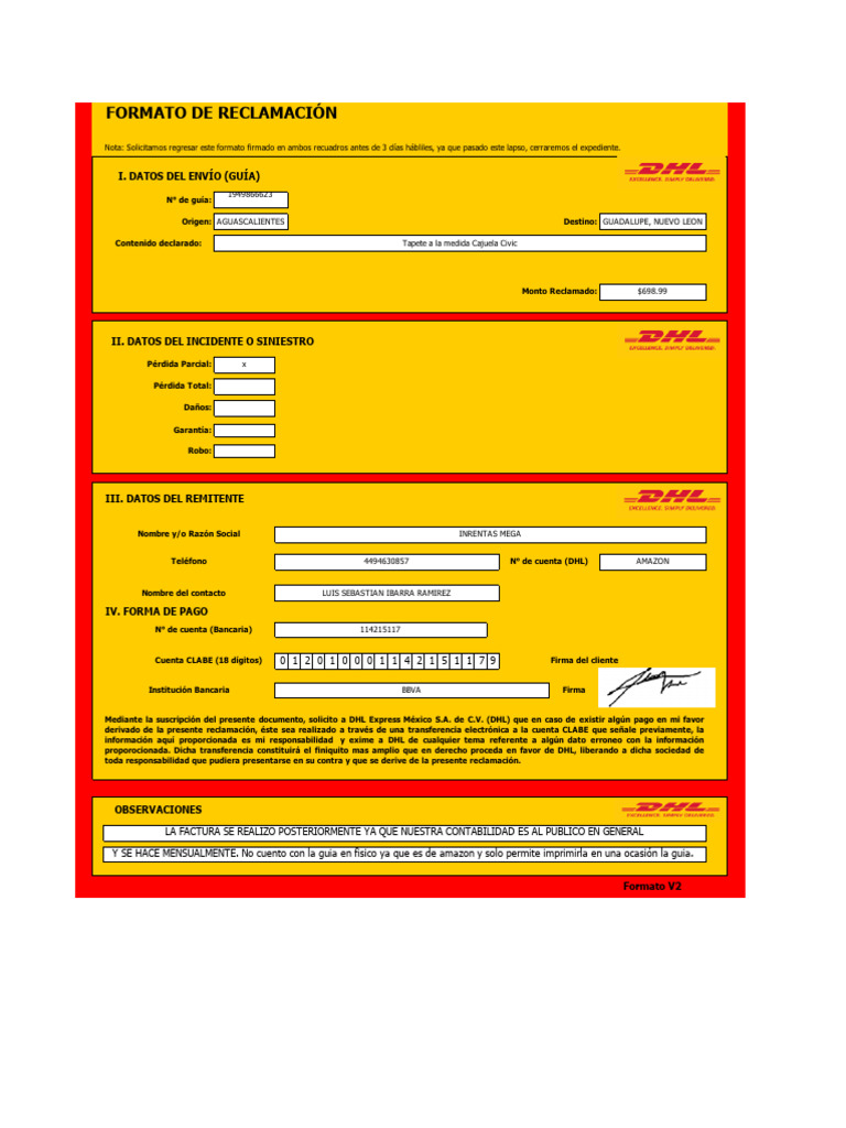 Formato de Reclamación DHL Express | PDF