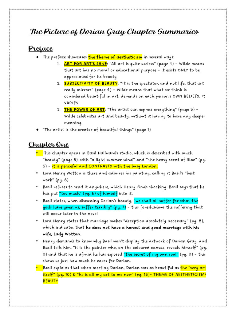 The Picture of Dorian Gray Chapter Summaries | PDF | The Picture Of ...