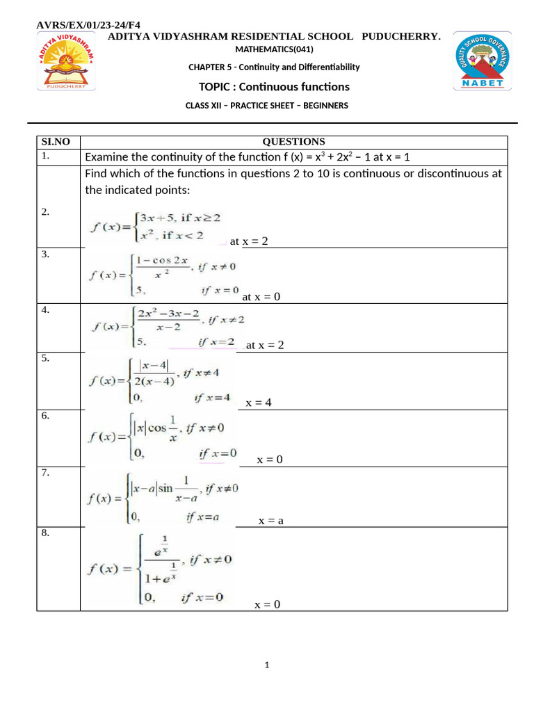 Continous Functions - Beginners | PDF