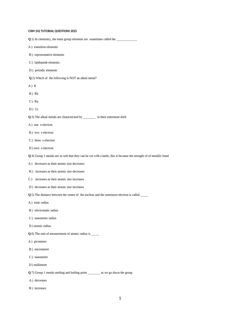 CHM 102 Tutorial Questions 2025 | PDF | Calcium | Magnesium